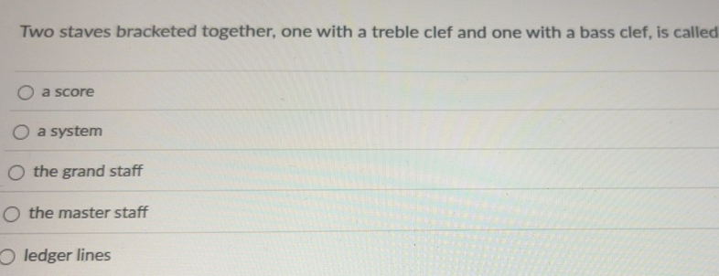 Solved: Two staves bracketed together, one with a treble clef and one ...