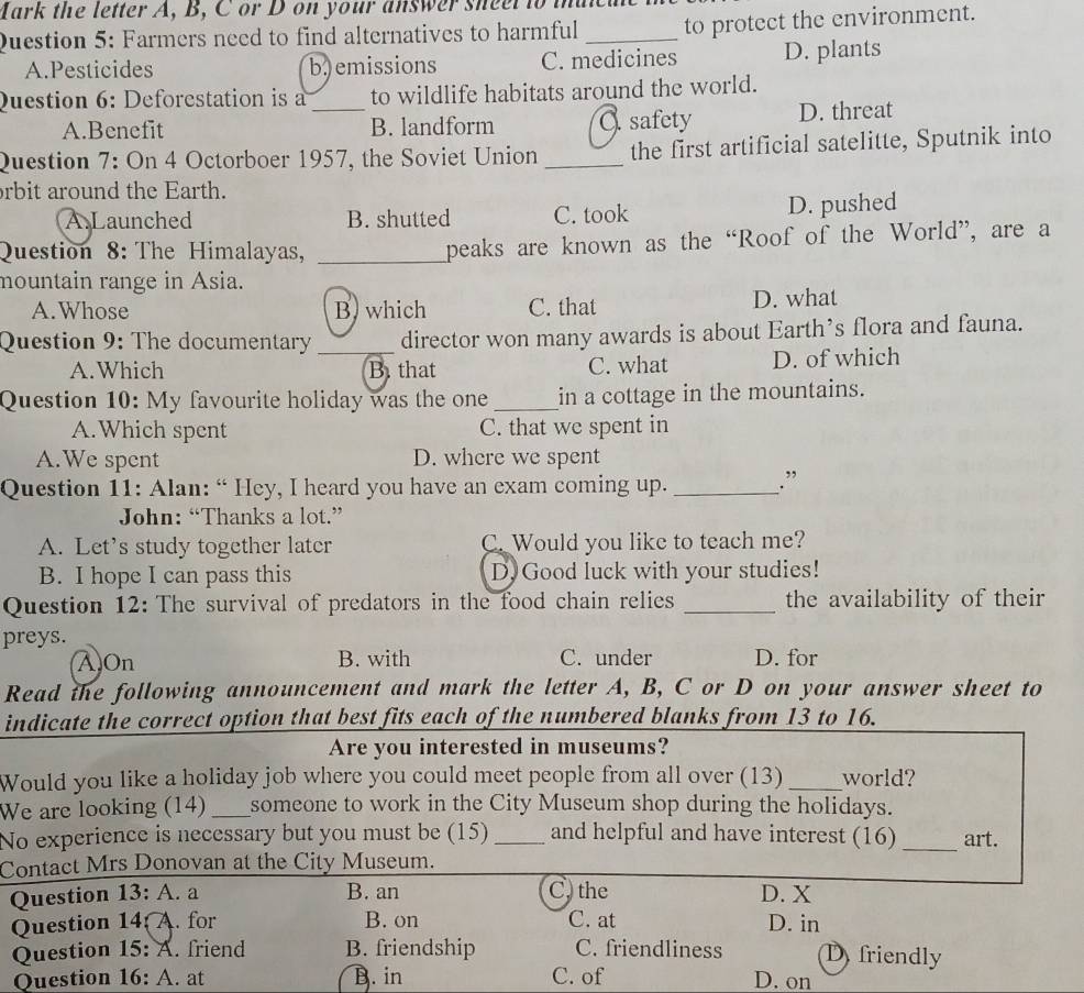 Giải quyết:lark the letter A, B, C or D on your answer sheet to tha ...