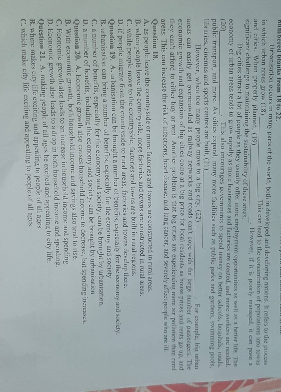 Giải quyết:numbered blanks from 18 to 22. Urbanisation occurs in many ...