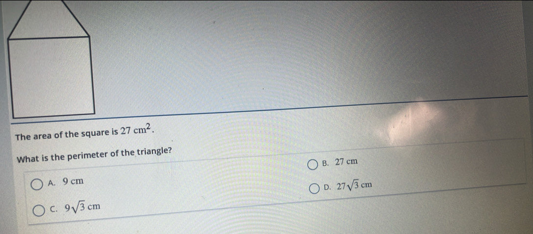 Solved: The area of the square is 27cm^2. What is the perimeter of the ...