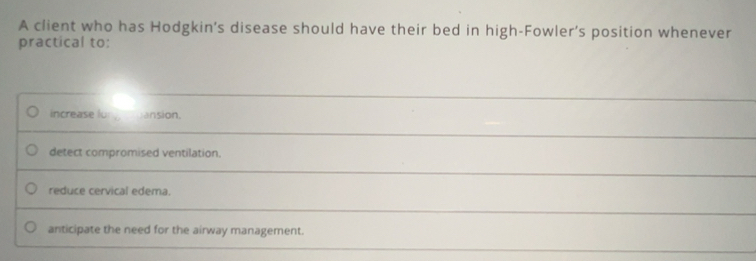 Solved: A client who has Hodgkin's disease should have their bed in ...