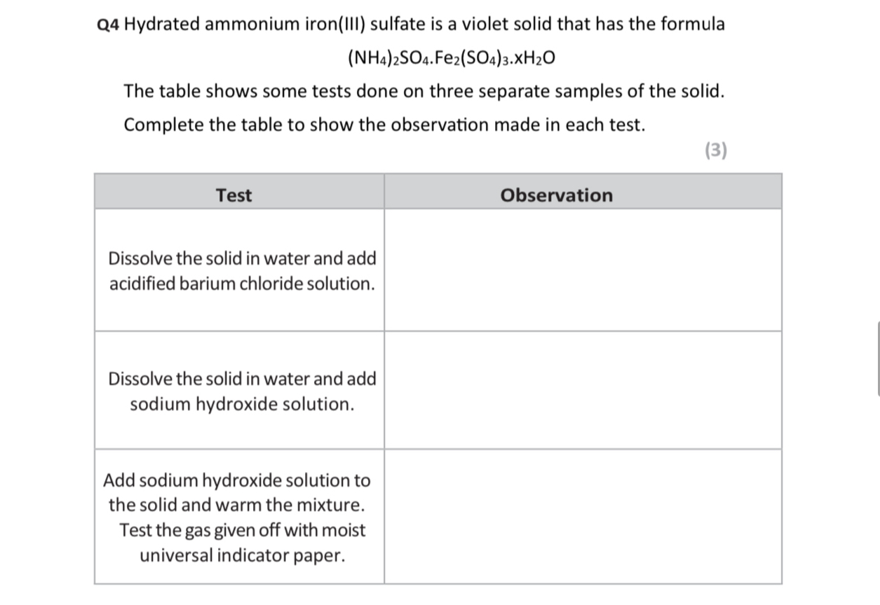 Solved: Hydrated ammonium iron(III) sulfate is a violet solid that has ...