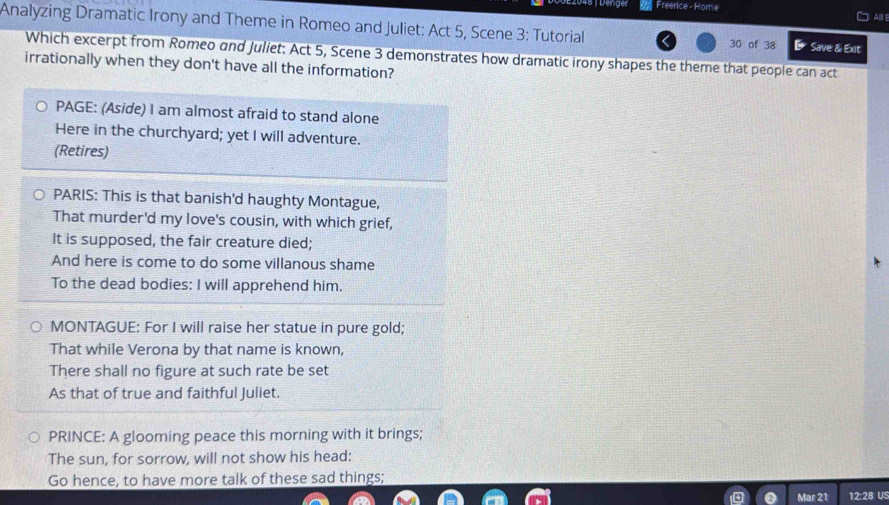 Solved: Freerice - Home Analyzing Dramatic Irony and Theme in Romeo and ...