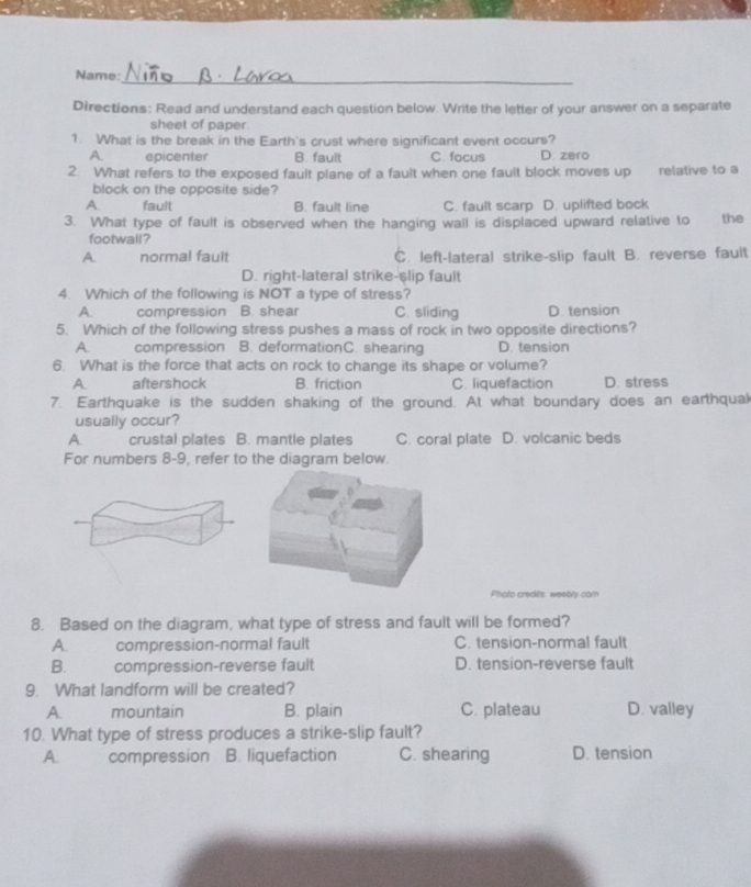 Solved: Name:_ Directions: Read and understand each question below ...