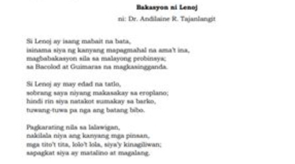 Solved: Bakasyon ni Lenoj ni: Dr. Andilaine R. Tajanlangit Si Lenoj ay isang mabait na bata, is ...