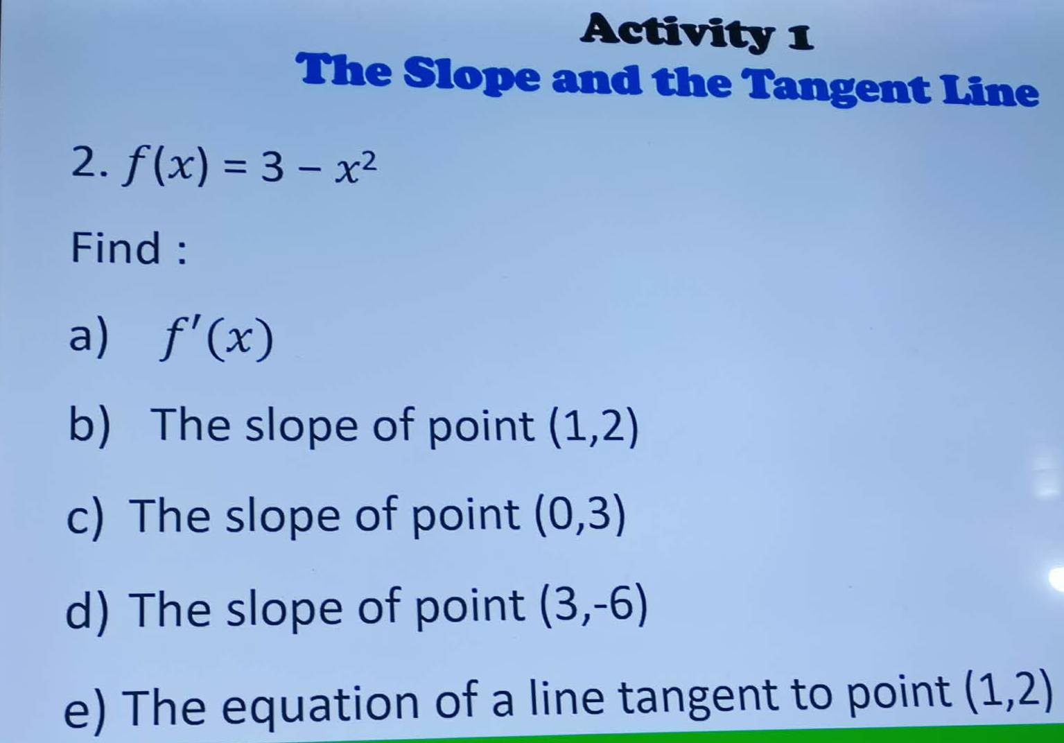 Solved: Activity 1 The Slope and the Tangent Line 2. f(x)=3-x^2 Find ...