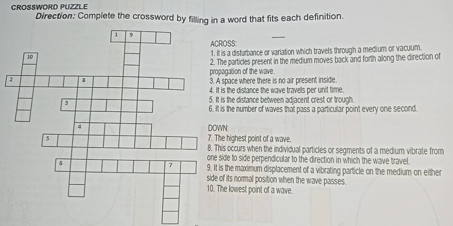 Solved: CROSSWORD PUZZLE Direction: Complete the crossword by filling ...