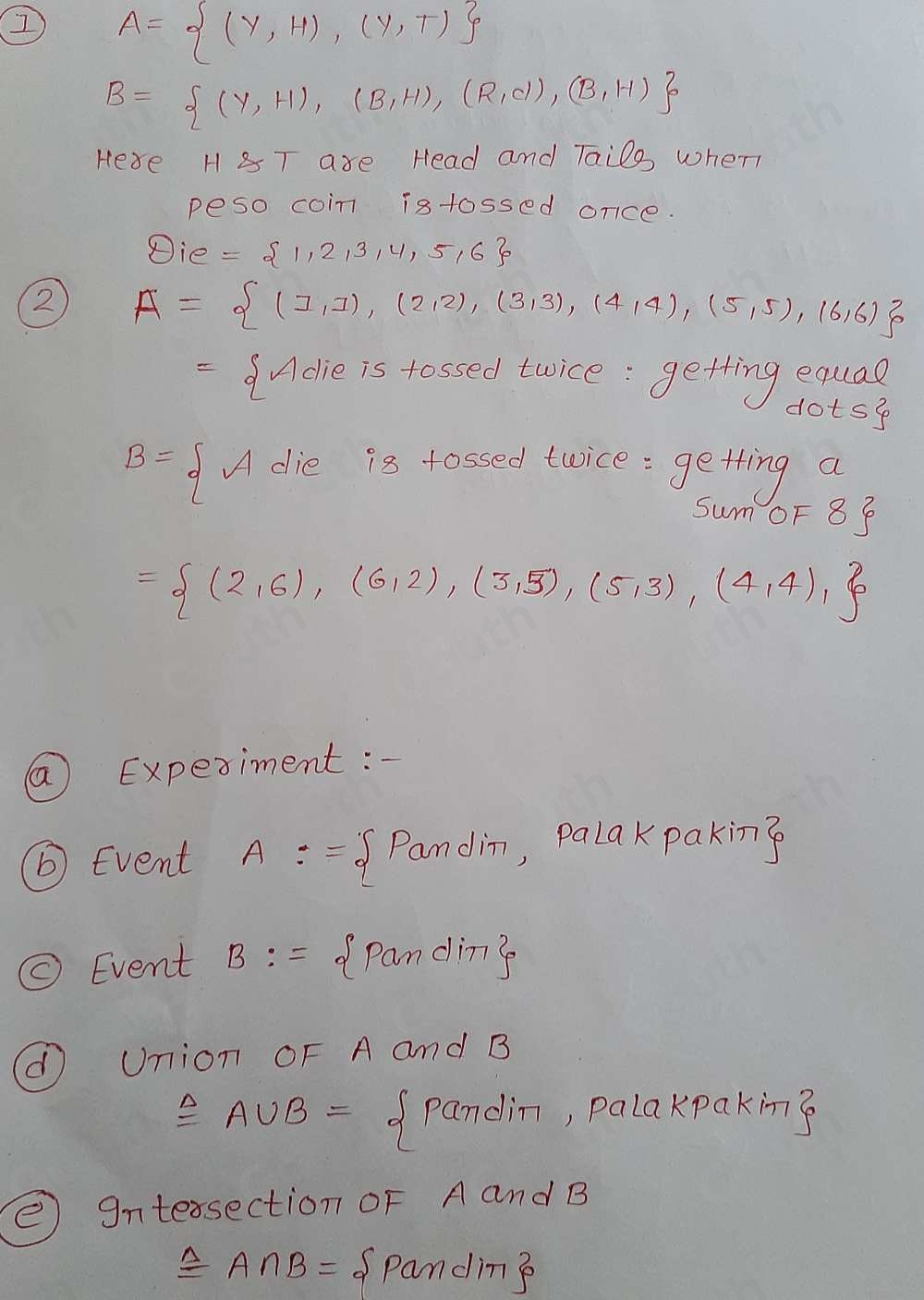 Solved: Learning Task 2 Find the union and intersection of events A and B defined by the ...