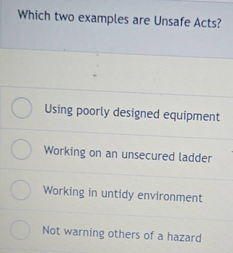 Solved: Which two examples are Unsafe Acts? Using poorly designed ...