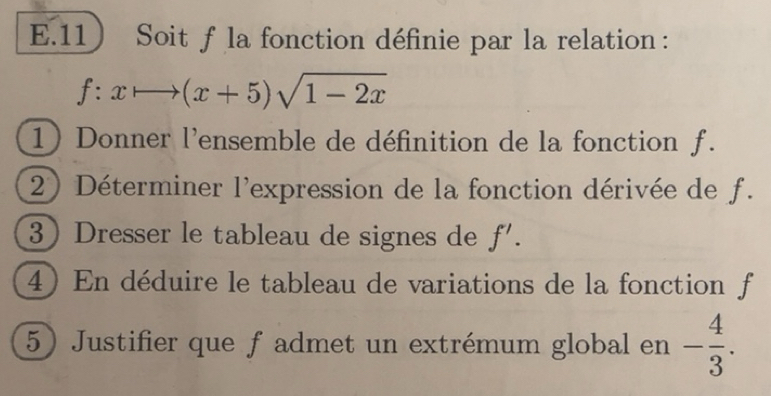 Résolu :Soit f la fonction définie par la relation : f:xto (x+5)sqrt(1 ...