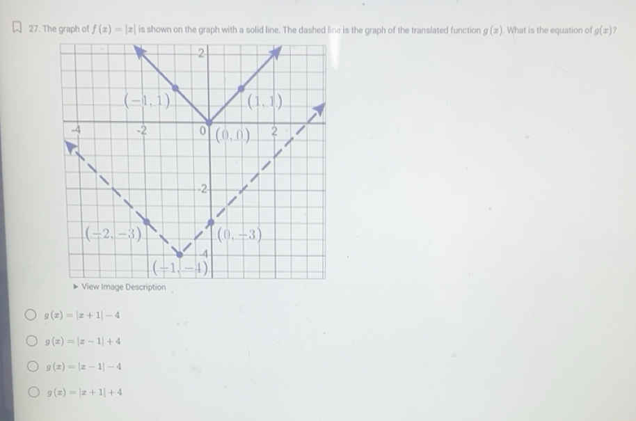 Solved: The graph of f(x)=|x| is shown on the graph with a solid line ...