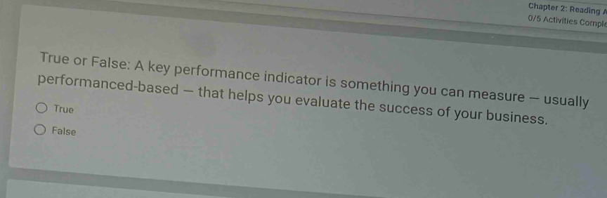 Solved: Chapter 2: Reading A 0/5 Activities Comple True or False: A key ...