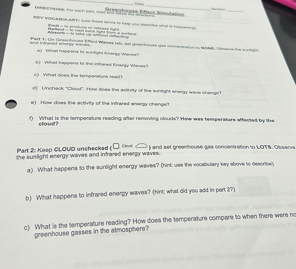 Solved: Date Section _ Greenhouse Effect Simulation DIRECTIONS: For ...