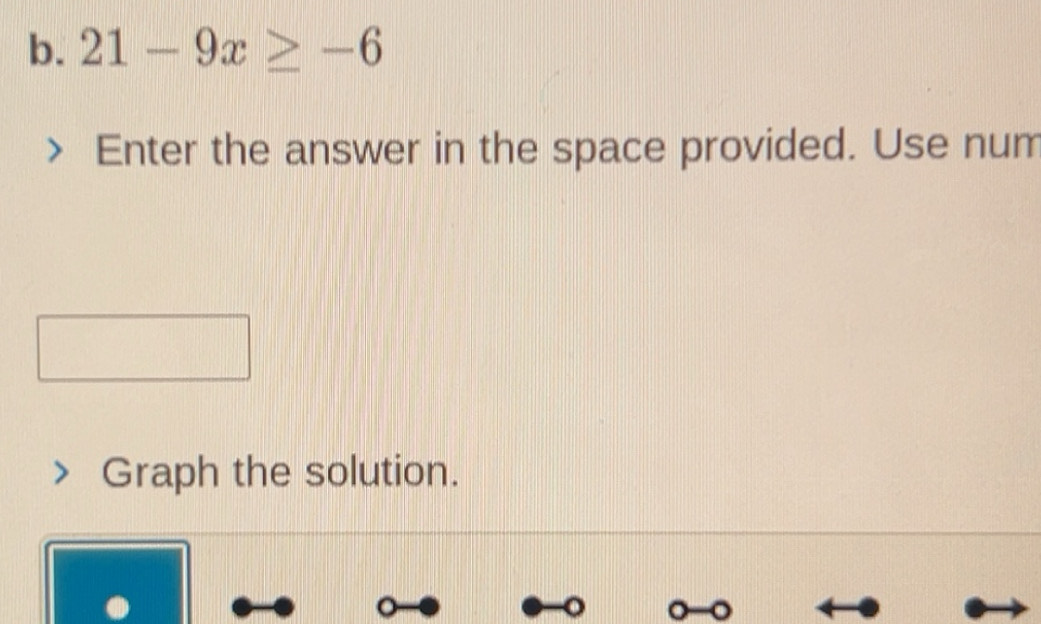 Solved: 21-9x≥ -6 Enter the answer in the space provided. Use num Graph ...