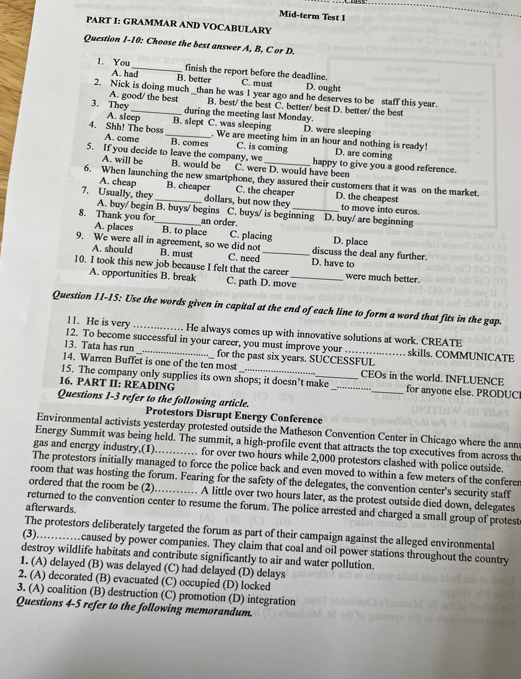 Giải quyết:Mid-term Test 1 PART I: GRAMMAR AND VOCABULARY Question 1-10 ...