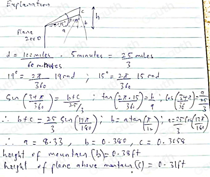 Solved: A plane is flying 2000 feet above sea level toward a mountain ...
