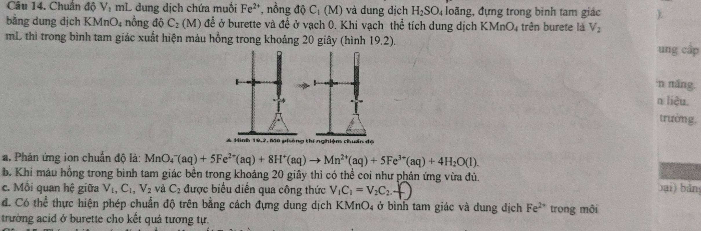 Giải quyết:Chuẩn độ Vị mL dung dịch chứa muối Fe^(2+) , nồng độ C_1(M ...