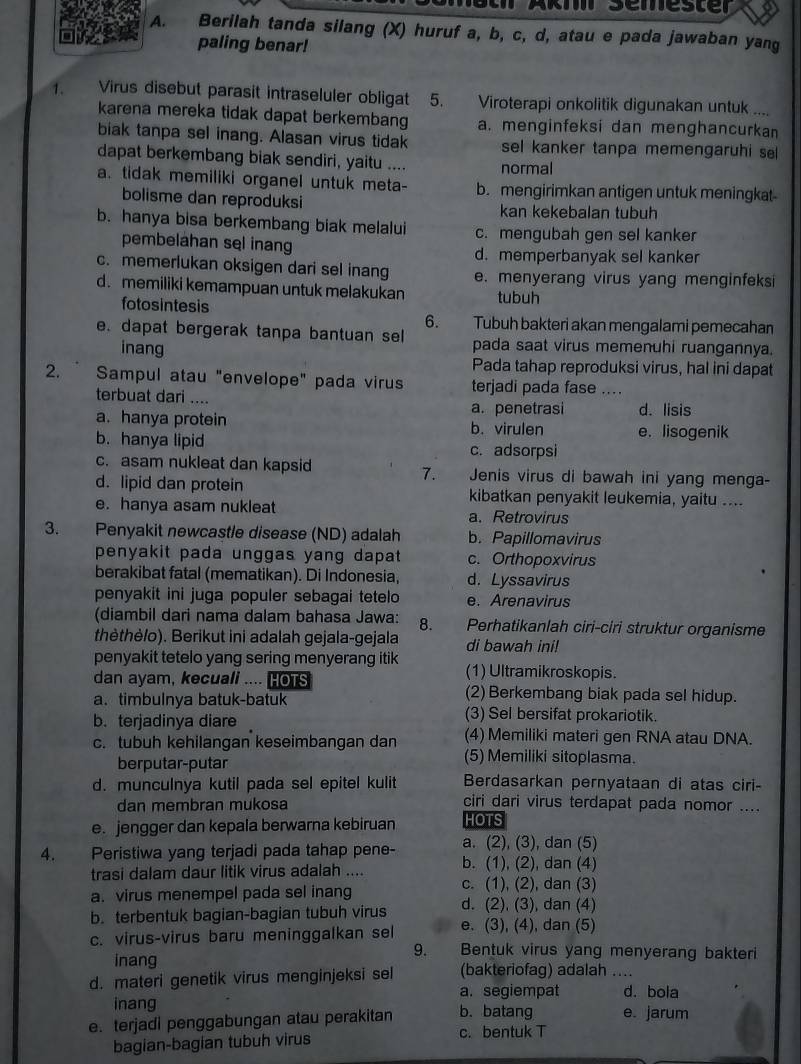 Telah dijawab:semester A. Berilah tanda silang (X) huruf a, b, c, d, atau e pada jawaban yang ...