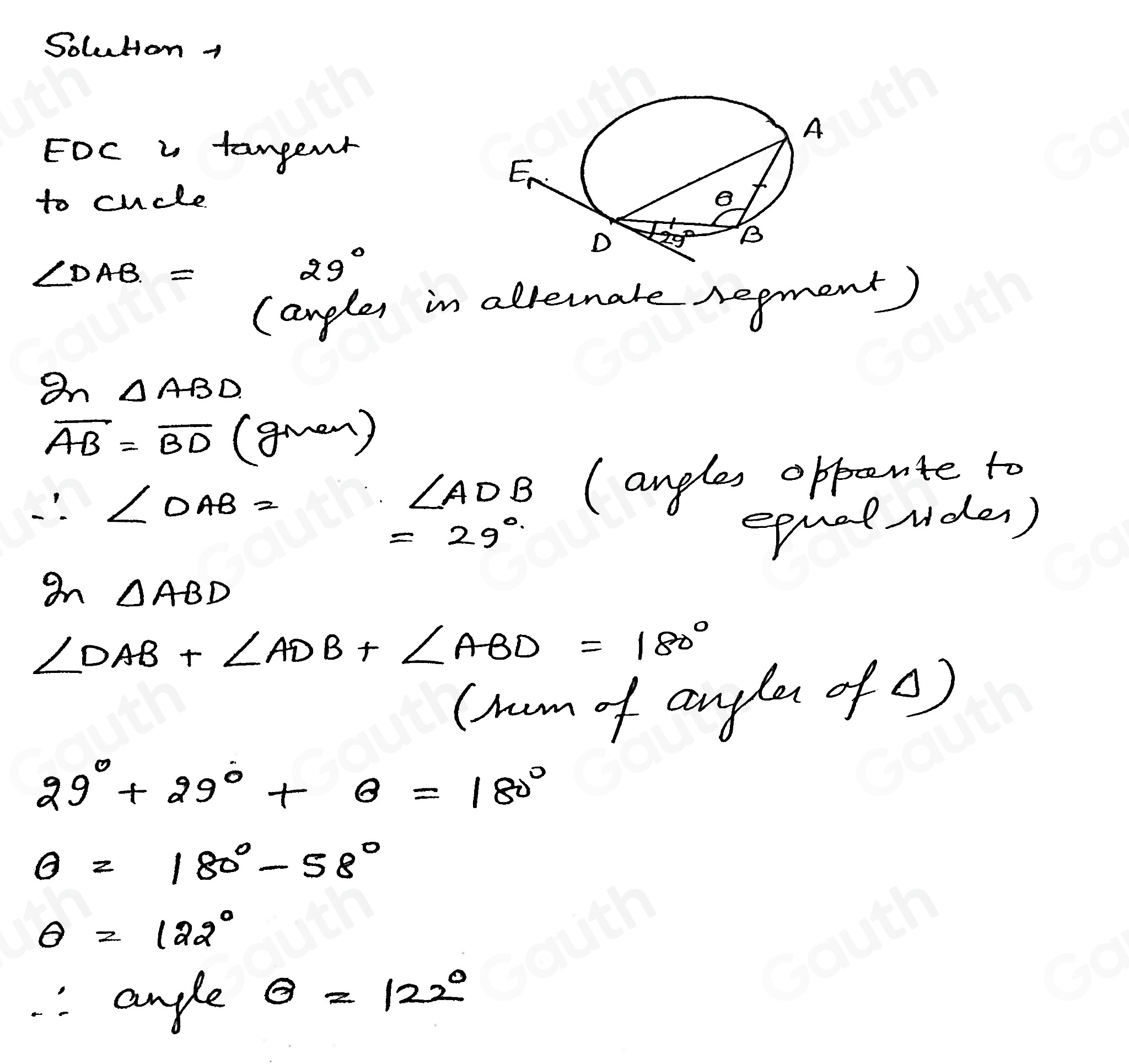 Solved: Line EDC is a tangent to the circle below. Calculate the size of angle θ. Give reasons ...