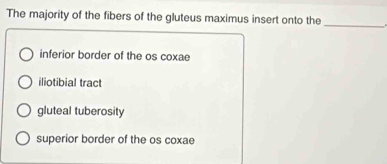 Solved: The majority of the fibers of the gluteus maximus insert onto ...