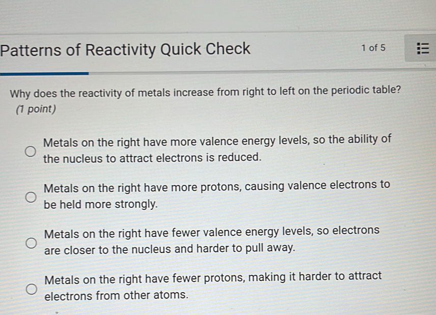 Solved: Patterns of Reactivity Quick Check 1 of 5 Why does the ...