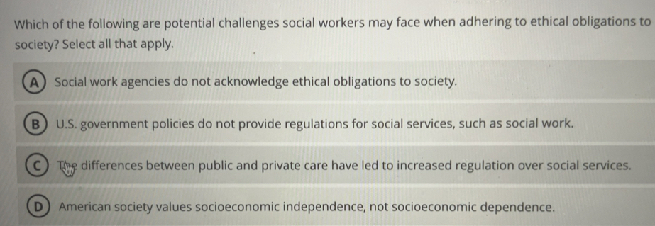 Solved: Which of the following are potential challenges social workers ...