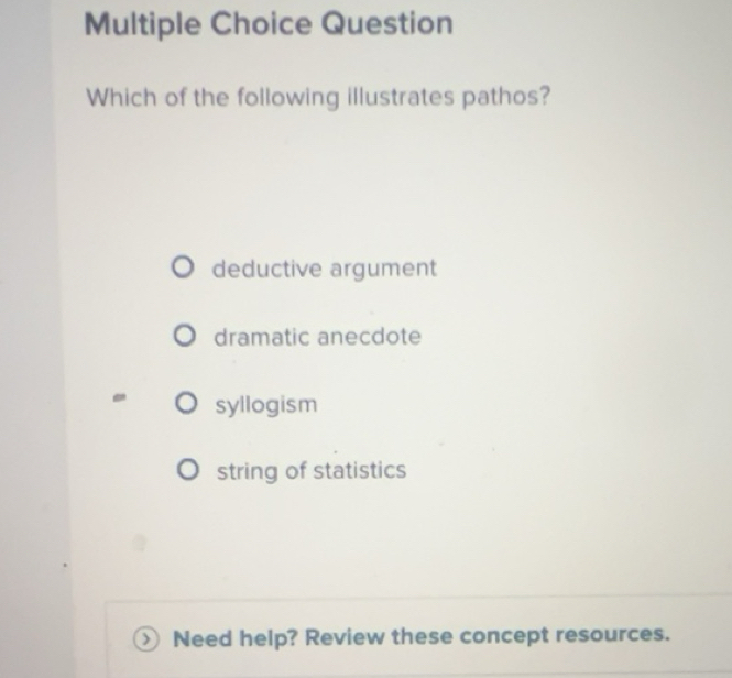 Solved: Question Which of the following illustrates pathos? deductive ...