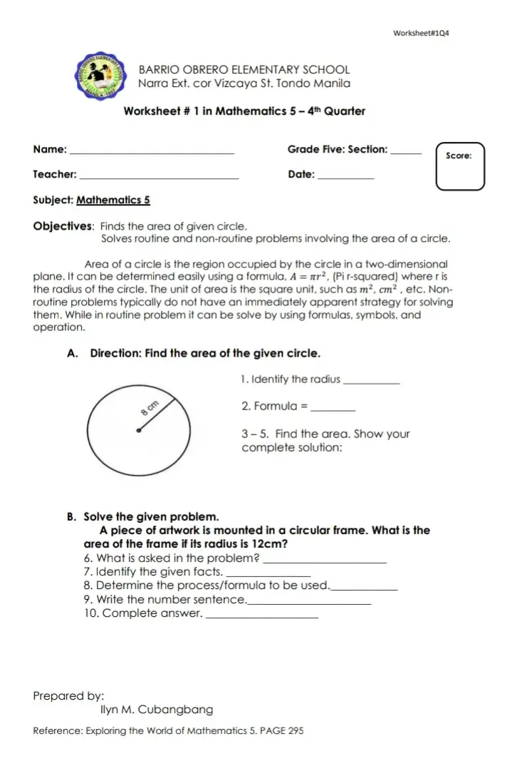 Solved: Worksheet#1Q4 BARRIO OBRERO ELEMENTARY SCHOOL Narra Ext. cor ...