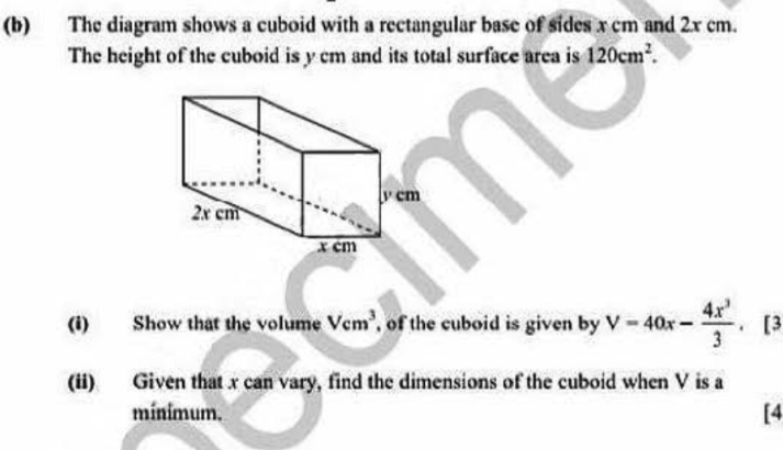 Gelöst:The diagram shows a cuboid with a rectangular base of sides x cm ...