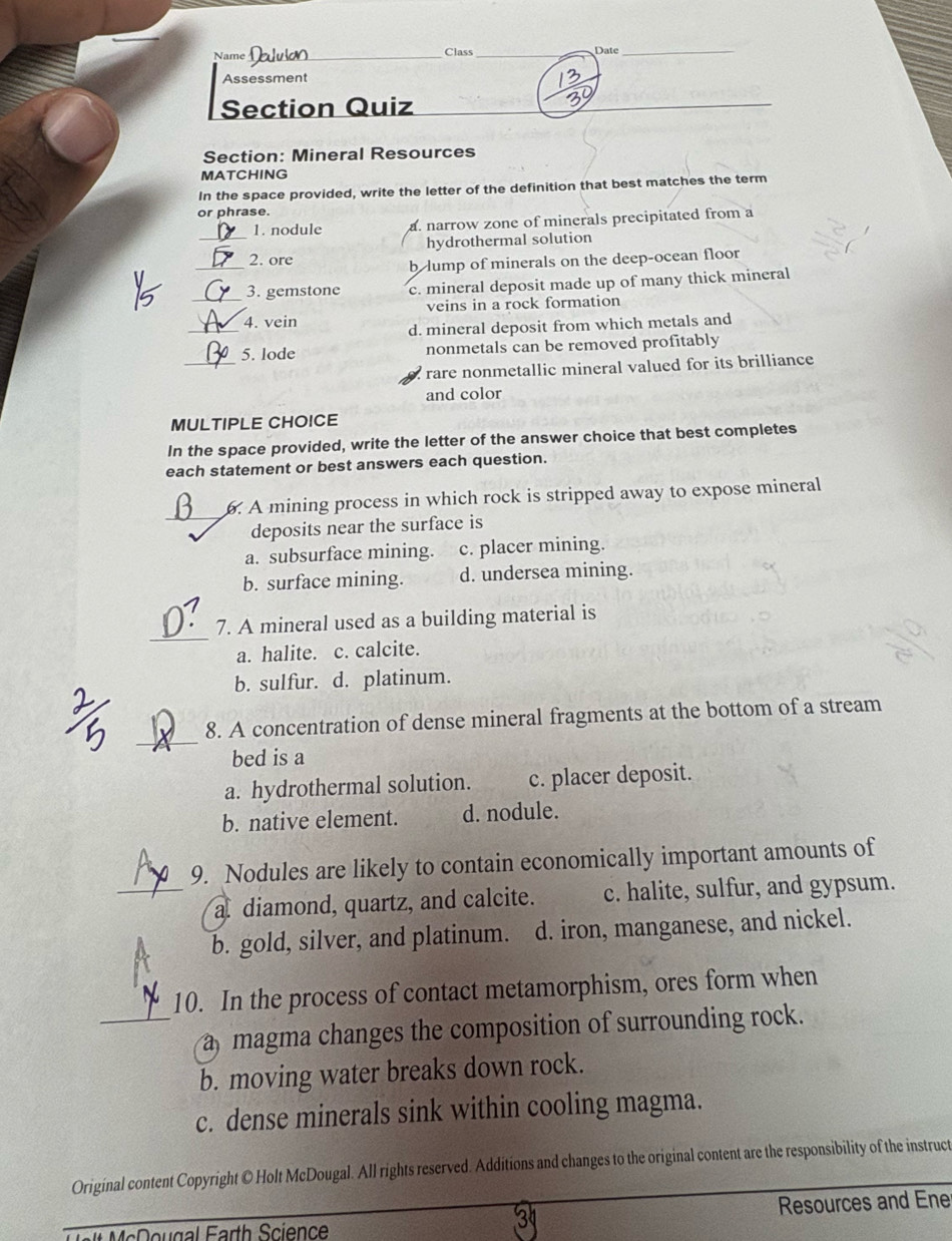 Solved: Name _Class _Date_ Assessment Section Quiz_ Section: Mineral ...