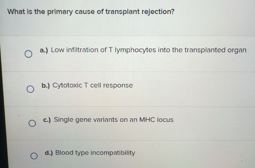 Solved: What is the primary cause of transplant rejection? a.) Low ...