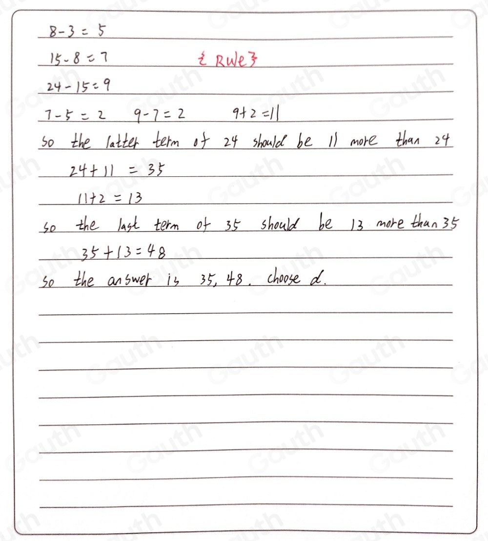 Solved: 8 、 15 、 24._ _， 63 a. 37, 47 b. 34, 46 c. 35, 47 d. 35, 48 [Math]