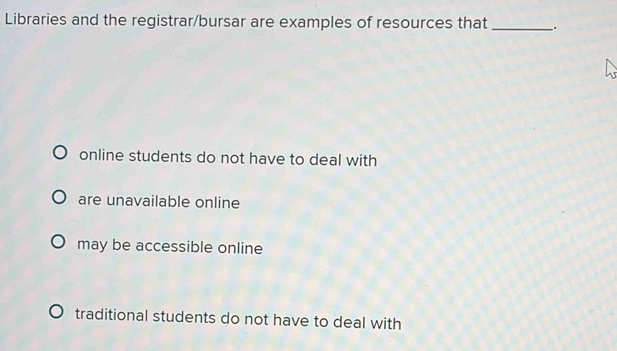 Solved: Libraries and the registrar/bursar are examples of resources ...