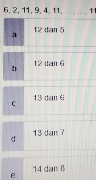 Telah dijawab:6, 2, 11, 9, 4, 11, .., .., 11 12 dan 5 a b 12 dan 6 13 ...