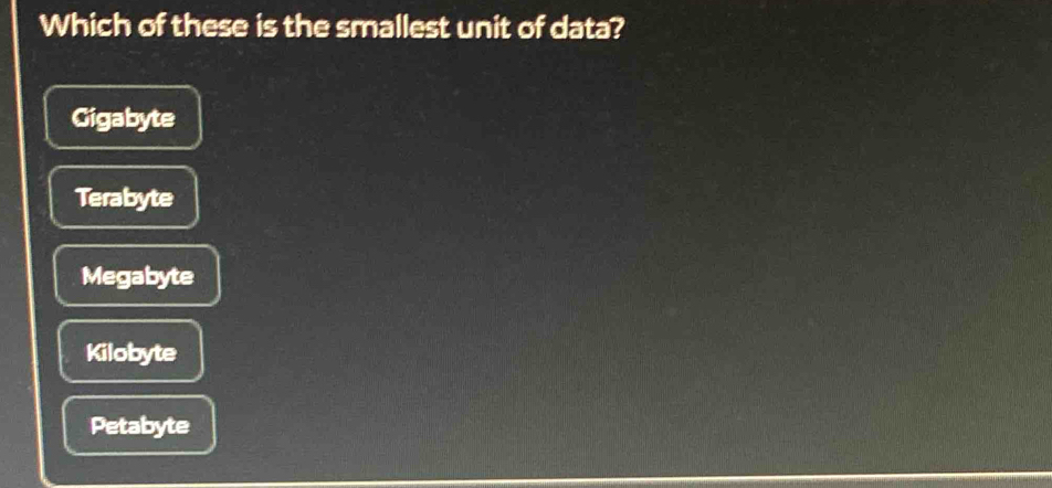 Solved: Which of these is the smallest unit of data? Gigabyte Terabyte ...
