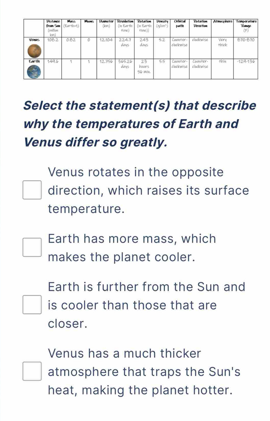 Solved: Select the statement(s) that describe why the temperatures of ...