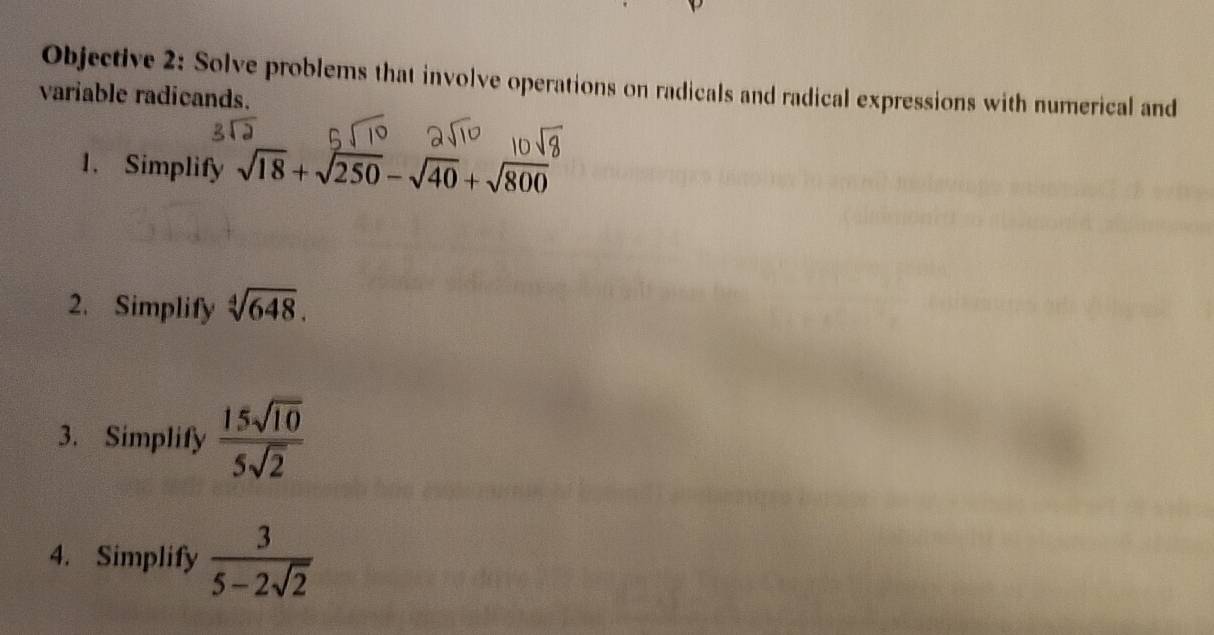 Solved: Objective 2: Solve problems that involve operations on radicals ...