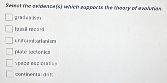 Solved: Select the evidence(s) which supports the theory of evolution ...