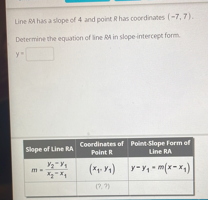 Solved: Line RA has a slope of 4 and point R has coordinates (-7,7 ...