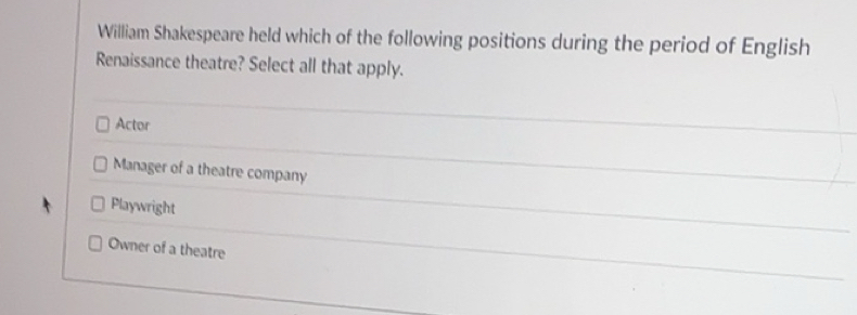 Solved: William Shakespeare held which of the following positions ...