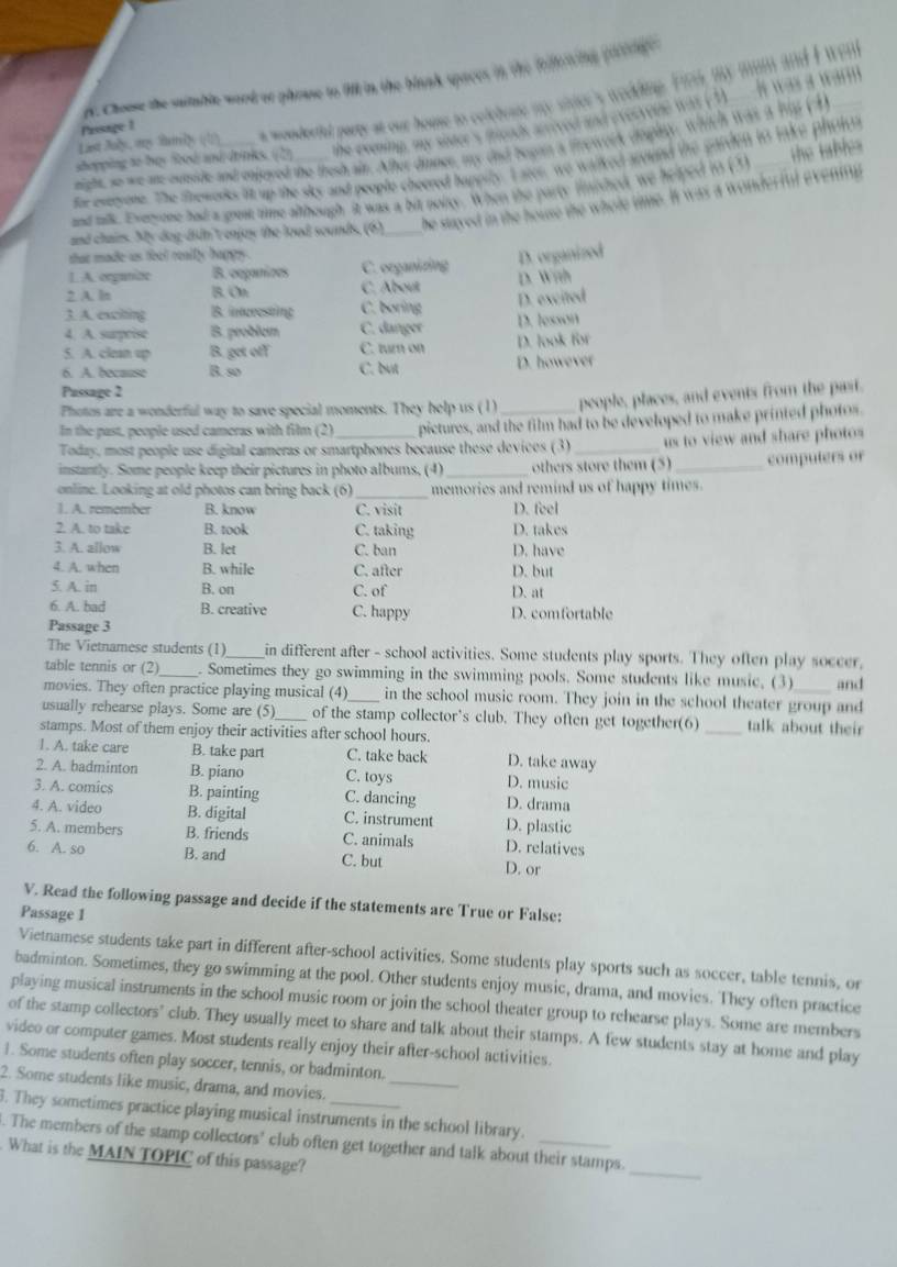 Giải quyết:Chope te saitable wood or phouse to f in the blank spaces in ...