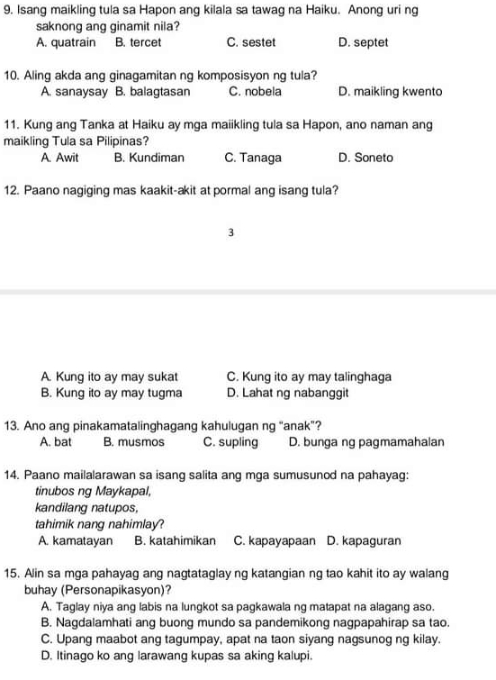 Solved: Isang maikling tula sa Hapon ang kilala sa tawag na Haiku ...