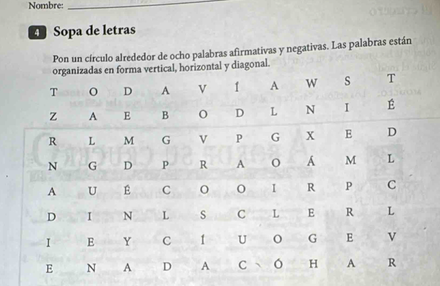Solved: Nombre:_ 4 Sopa de letras Pon un círculo alrededor de ocho ...