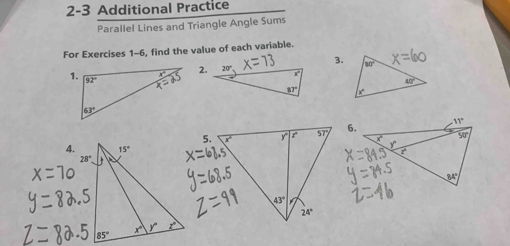 Solved: 2-3 Additional Practice Parallel Lines and Triangle Angle Sums For Exercises 1-6, find ...
