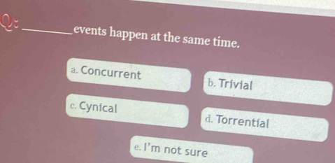 Solved: events happen at the same time. a. Concurrent b. Trivial c ...