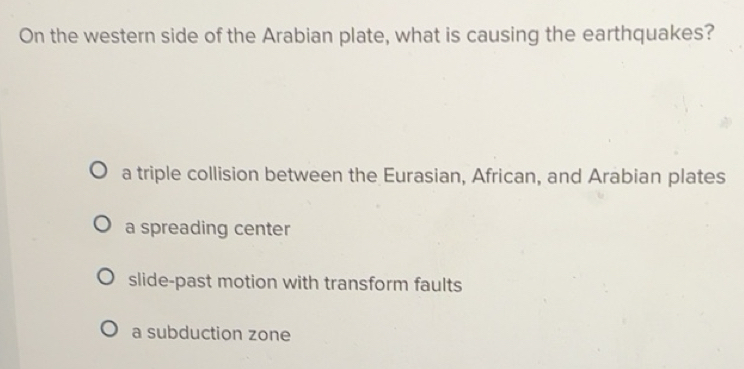 Solved: On the western side of the Arabian plate, what is causing the ...