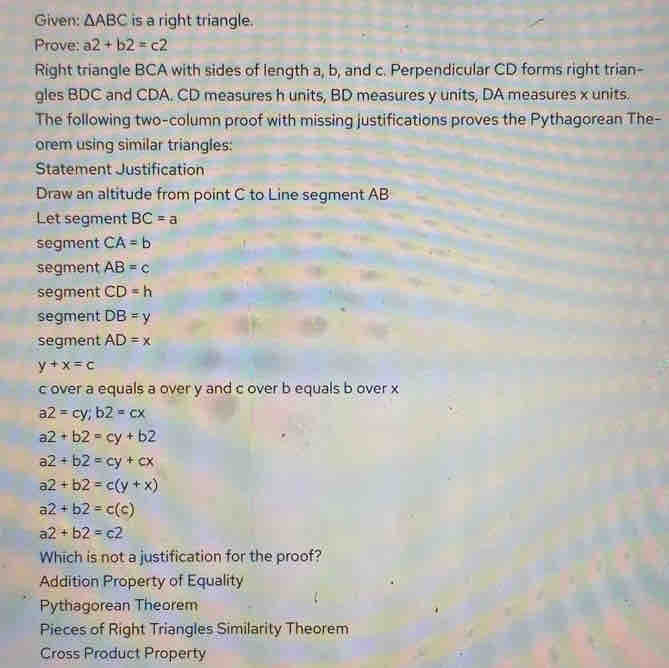 Solved: Given: ABC is a right triangle. Prove: a2+b2=c2 Right triangle BCA with sides of length ...