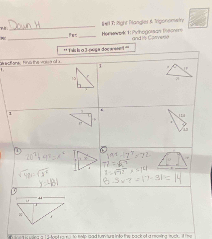 Solved: mê: _Unit 7: Right Triangles & Trigonometry te: _Per:_ Homework ...