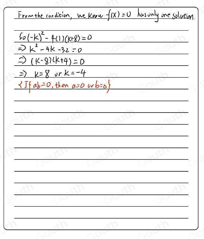 Solved: The graph of function f(x)=x^2-kx+k+8 touches the x-axis at one ...