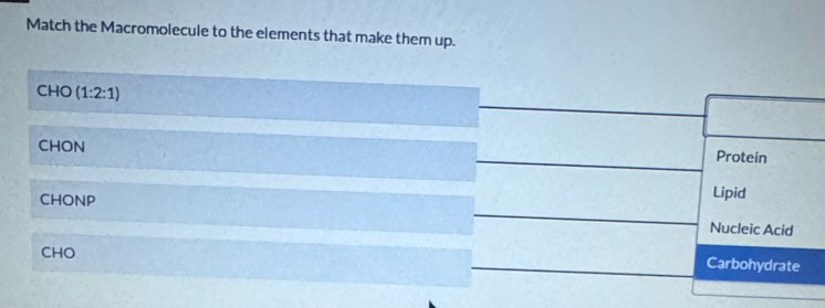 Gelöst:Match the Macromolecule to the elements that make them up. CHO ...